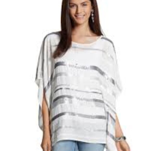 Chico's | Tops | Nwt Chicos Sequin Stripe Boatneck Poncho Ecru White ...